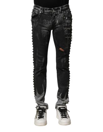 Dolce & Gabbana Mens Black Washed Embellished Skinny Denim Jeans Cotton Elastane Clothing
