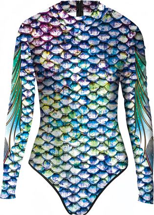 Ocean Plus Damen Hoher Kragen Digitaldruck R&uuml;ckseitenrei&szlig;verschluss Highcut Langarm Einteiliger Badeanzug (L/XL (L&auml;nge: 74 cm), Meerjungfrau)