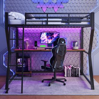 Merax Hochbett 90&times;200 Schwarz mit LED & USB-Anschluss - Metall Gaming Bett mit Schreibtisch, Ablage & Treppe, stabiles Jugendbett platzsparend f&uuml;r Kinderzim