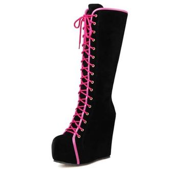 Generic JJDFW Bottes montantes &agrave; la mode pour femmes plateforme sexy talons compens&eacute;s lacets femmes bout rond chaussures de danse noires pour filles, rose, 41