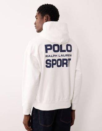 Polo Ralph Lauren Sport - Sweat &agrave; capuche d&eacute;contract&eacute; imprim&eacute; dans le dos - Blanc