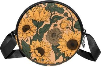 Generic Petit sac &agrave; bandouli&egrave;re rond pour femme, motif tournesol avec fermeture &eacute;clair, bretelles r&eacute;glables, style d&eacute;contract&eacute;, pour femmes et filles