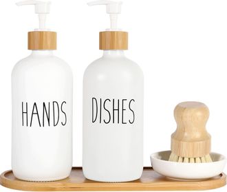 Shanna Mifxin 2er-Pack Glas-Seifenspender-Set mit Tablett und Bambus-Sp&uuml;lb&uuml;rste, Handseifenspender, 473 ml, K&uuml;chenset, Bauernhaus-Dekor, Sp&uuml;lseifenpumpflasch