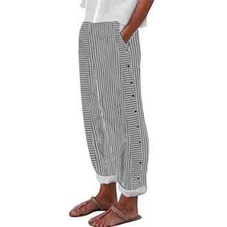 Generic Pantalon ray&eacute; en lin pour femme, pantalon d&eacute;contract&eacute; avec boutons lat&eacute;raux et taille &eacute;lastique, l&eacute;ger et ample avec poches, Noir, XXL