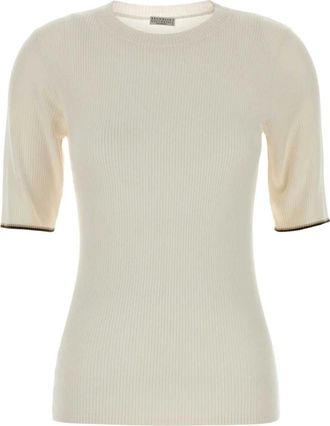 Brunello Cucinelli Femme, Pulls, Blanc, Taille: 40 FR Haut en Tricot en Cachemire et Soie