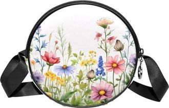 Generic Petit sac &agrave; bandouli&egrave;re rond pour femme, motif floral aquarelle avec fermeture &eacute;clair, bretelles r&eacute;glables, sac &agrave; main rond d&eacute;contract&eacute; pour femmes et
