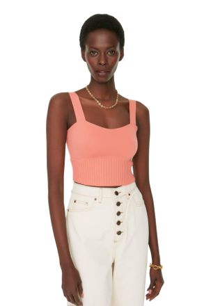 Trendyol Trendyol Damen Women Square Collar Knitwear Blouse Slim Fit Basic Strickbluse mit eckigem Kragen, Coral, Small