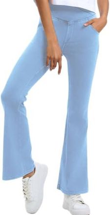 Onsoyours Jeggings Jean Femme Leggings Taille Haute Flared Bootcut Jeans Boutonné Slim Denim Jeggings Extensible Pantalon de Sport B Bleu Clair L