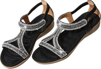 BESPORTBLE Sandale Compens&eacute;e pour Femme en Simili Cuir Noir Ornements Brillants, Plateforme Confortable, Pointure 38, pour Soir&eacute;es Et Usage Quotidien