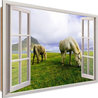 Feeby Deko Paneel Fenster-Illusion Bild Kunstdruck modern Pferde Natur Gr&uuml;n 90x60 cm