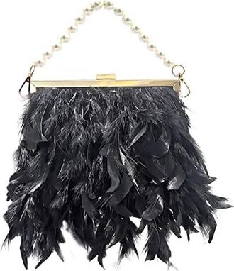 Generic Sac à main avec chaîne de perles et plumes pour femme, Noir, Taille unique