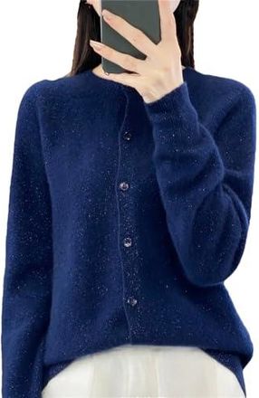 Generic Cardigan en laine pour femme avec col rond et manches longues, bleu marine, S