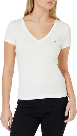 Tommy Jeans Damen Tjw Slim Essential Rib V Dw0dw17385 Kurzarm Strickoberteile, Wei&szlig;, XXS EU
