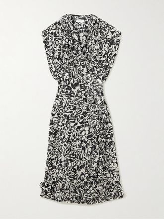 Dries Van Noten Robe Portefeuille Midi En Cr&ecirc;pe De Chine Imprim&eacute; &Agrave; Volants - Noir