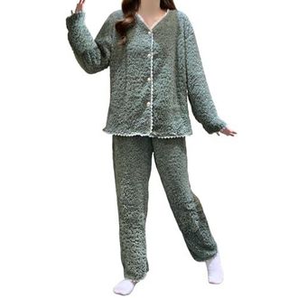 Generic Pijamas Femme Hiver Sexy, Pyjama dhiver en Flanelle Douce pour Nuits Froides Tenue De D&eacute;Tente &Eacute;L&eacute;Gante &agrave; Manches Longues avec Motif Jacquard Confortab