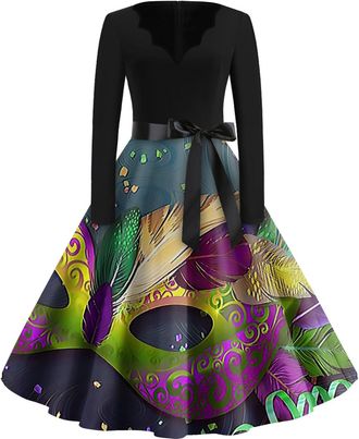 Generic Faschingskost&uuml;me Damen, Karneval Kleid Fasching Familien Erwachsene Hippie Kost&uuml;m Lustig Mode Thermo Kost&uuml;m Langarm 2024 Festival Outfit Venezianische