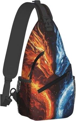 Generic Multifonction Sacoche Homme Bandouliere Dragon rouge, bleu, glace, feu et flamme Sac De Poitrine Polyester Crossbody Bag pour Homme Femme Camping