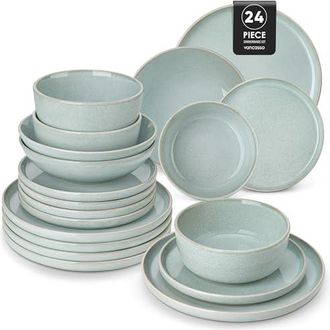 VANCASSO ANYA Service de Table 24 Pièces pour 6 Personnes, Vaisselle en Grès - 6 Assiettes Plates, 6 Assiettes à Dessert, 6 Bols à Pâtes et 6 Bols - Adapté au 