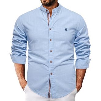 Generic Chemise en coton et lin pour homme - Manches longues - Couleur unie - Coupe r&eacute;guli&egrave;re - Col de grand-p&egrave;re - Chemise boutonn&eacute;e - Chemise d&eacute;contract&eacute;e l