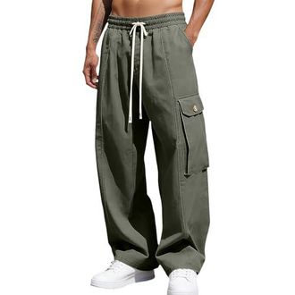 Generic Pantalon cargo coupe-vent pour homme, taille &eacute;lastique, multi-poches, pantalon baggy pour les vacances en plein air, Vert noir, XL