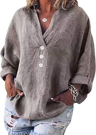 Onsoyours Chemisier Femme Manches Longues T Shirt Button Haut Femme Casual Élégant Bouton Chemise Col V Lâche Blouse Tops Tshirt Automne A1 Gris 34