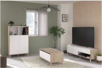 Parisot Ensemble meuble de salon - Meuble tv, table basse relevable, bahut haut - morphos - Décor blanc / Chene