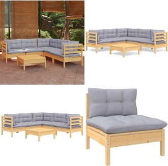 vidaXL 6-tlg. Garten-Lounge-Set mit Grauen Kissen Kiefer Massivholz - Gartenger&auml;te - Lounge M&ouml;bel - Gartenm&ouml;bel Set - Kiefernholzm&ouml;bel - Outdoor Furniture