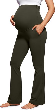 CRZ YOGA Damen Butterluxe Bootcut Umstandsleggings Flare Schwangerschaft Leggings Mutterschaft Yoga Hosen Umstandshose - 79cm Olivgr&uuml;n 40