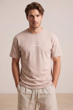 Trendyol MAN Herren Beige Slogan Kurz Oversize T-Shirts