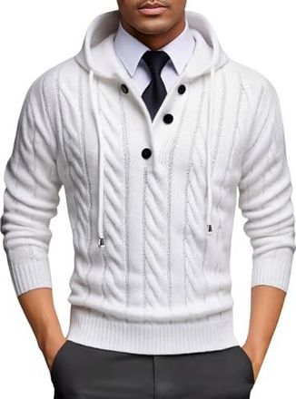Generic Pull viking en cachemire pour homme - Pull Henley - Col montant - Pull à boutons - Style décontracté - Solide - Manches longues - Col en V - Classique