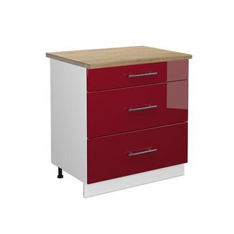 Vicco Meuble Cuisine Fame-Line, Rouge Bordeaux Haute Brillance/Blanc, 80 cm avec 3 tiroirs, PT Chêne