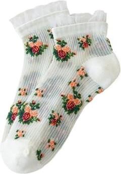 Generico Chaussettes florales &agrave; volants en dentelle, chaussettes transparentes ultra-fines pour femmes (5 paires), blanc, Taille Unique