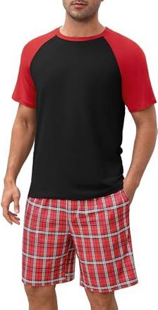 Ekouaer Pyjama Homme Ensemble Hauts de Pyjama Tee Shirt Manches Courtes Col Rond Pantalon Pyjama à Carreaux avec Poches, Noir-Rotkariert, XXL
