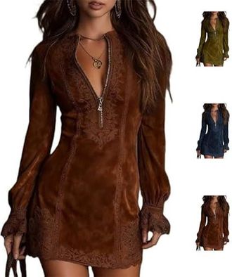 Generic Robe en daim avec col en V et fermeture &eacute;clair, mini robes dautomne en daim pour femme, robes de cowgirl chic, marron, M