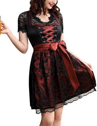 KOJOOIN Kurz Dirndl Damen 3Tlg. Trachtenkleid Midi f&uuml;r Oktoberfest mit Spitzensch&uuml;rze Schwarz 44