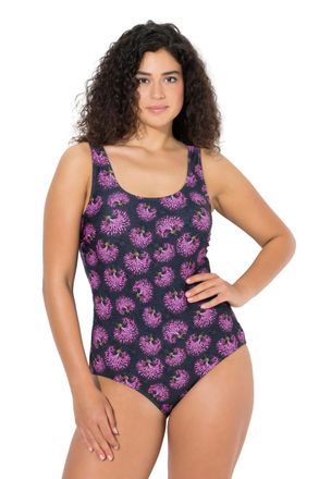 Ulla Popken Damen gro&szlig;e Gr&ouml;&szlig;en &Uuml;bergr&ouml;&szlig;en Plus Size Badeanzug, Feuerwerks-Bl&uuml;ten, ohne Softcups schwarz 42+ 846185100-42+