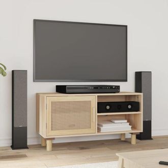 vidaXL Vidaxl - Meuble tv Marron 80x30x40cm Bois de pin massif et rotin naturel