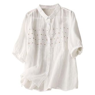 Generic Chemises chinoises en lin pour femme - Style d&eacute;contract&eacute; - Avec broderie florale - Style vintage - Boho - Confortable, blanc, XXL