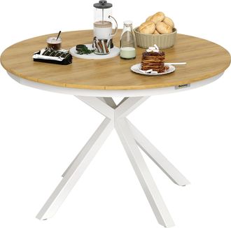 OUTSUNNY Gartentisch &Oslash;118cm, Wetterfest Balkontisch aus Aluminium, Beistelltisch mit Kreuzbeine Lattendesign Esstisch Outdoor, Campingtisch, rund Terrassentisc