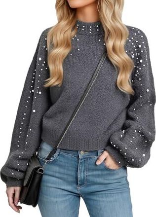 Generic Pull Oversize en Maille pour Femme, Pull &agrave; col Rond, Sweat Shirt en Maille &agrave; Manches lanternes, Oversize Gris fonc&eacute;, Taille S