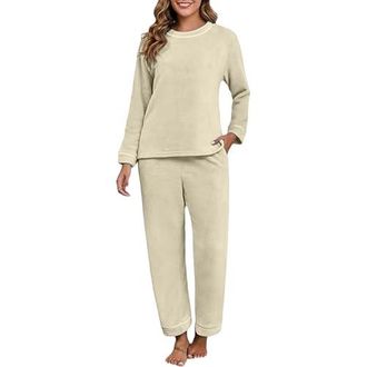 Generic Ensemble de pyjama en polaire pour femme, ensemble de pyjama chaud doux et moelleux, col rond, manches longues et pantalon thermique, vêtements de nui