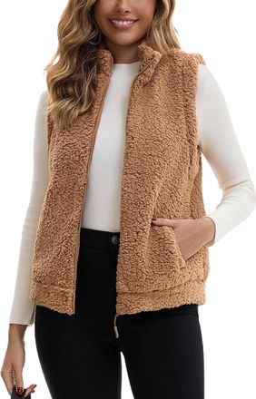 Feoya Teddy Fleece Weste Damen Fleeceweste Ärmellose Herbstmantel Fell Weste Plüschweste Warm Teddyjacke Weich Pelzjacke mit Taschen Khaki L
