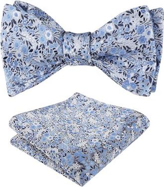 Alizeal Noeud papillon à nouer pour homme avec imprimé floral classique coloré pour fête de mariage avec carré de poche, 045-Bleu marine + Bleu + Blanc, taill