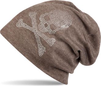 styleBREAKER Klassische Beanie M&uuml;tze mit Totenkopf Strass Applikation, Unisex 04024034, Farbe:Braun meliert, Materialart:warm
