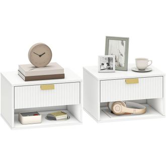 HOMCOM Lot 2 tables de chevet murales - HOMCOM - tiroir rainur&eacute; et &eacute;tag&egrave;re ouverte - panneau de particules - 40 x 30 x 25 cm - blanc
