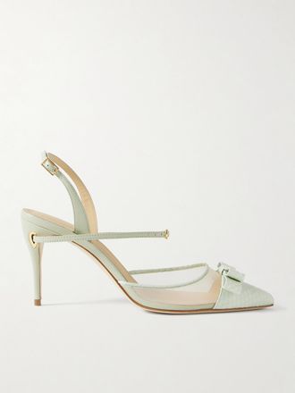 Jennifer Chamandi Escarpins À Brides Arrière En Couleuvre Elaphe À Finitions En Cuir Et En Résille Vittorio 85 - Vert