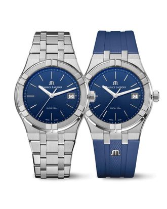 Maurice Lacroix Aikon Qartz Date 40mm, Quarzwerk,Blau, inklusive Ersatzarmband, Kautschuk und Edelstahl Herrenuhr AI1108-SS00F-430-C