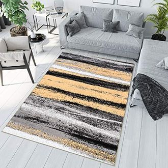 Tapiso Maya Tapis Poil Court Moderne Jaune Noir Gris Blanc Moucheté Motif Rayé Tapis Salon Chambre Salle à Manger Adulte Bureau Oeko-TEX Résistant 160 x 230 