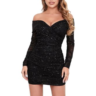 D&M Damen Schulterfreies glitzerndes Strickkleid aus Netzstoff, lange &Auml;rmel, offener R&uuml;cken, ger&uuml;scht, figurbetont, sexy Mini-Partykleid, Schwarz, Mittel