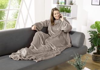 Heimtexland Ärmeldecke TV Thermodecke mit Ärmeln und Taschen Sofadecke Ganzkörperdecke Kuscheldecke Flanell Weich und Wärmend Decke Typ848 Sand LxB 200 x 170 cm